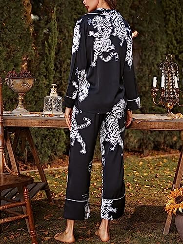 Brosloth Women's Silk Satin Pajamas Pjs Sets Cute Tiger Pattern Two Piece Loungewear Set Button Up Pajamas Sleepwear Black M