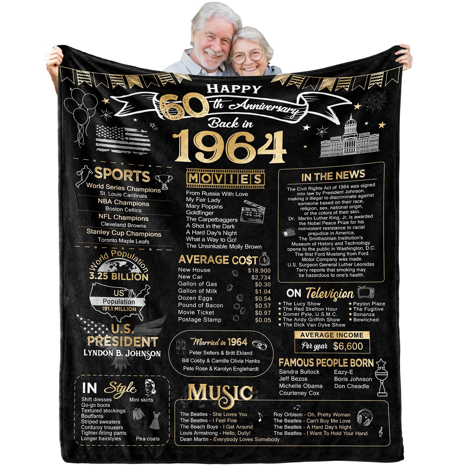 60th Anniversary Blanket Gifts Gift for 60th diamond Wedding Anniversary Sixty Years of Marriage Gifts for Couple Wife Husband Dad Mom Parents Grandpa Grandma Grandparents Back in 1964 Blanket 60x50