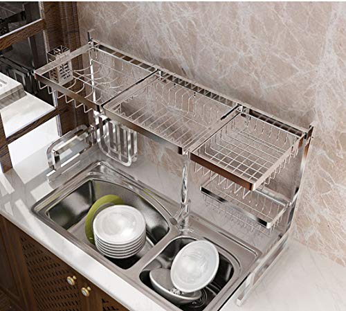 Stainless Steel Dish Drying Rack Over Kitchen Sink, Dishes and Utensils Draining Shelf, Kitchen Storage Countertop Organizer, Utensils Holder, Kitchen Space Saver (For Sink ≤ 36.5 inch)