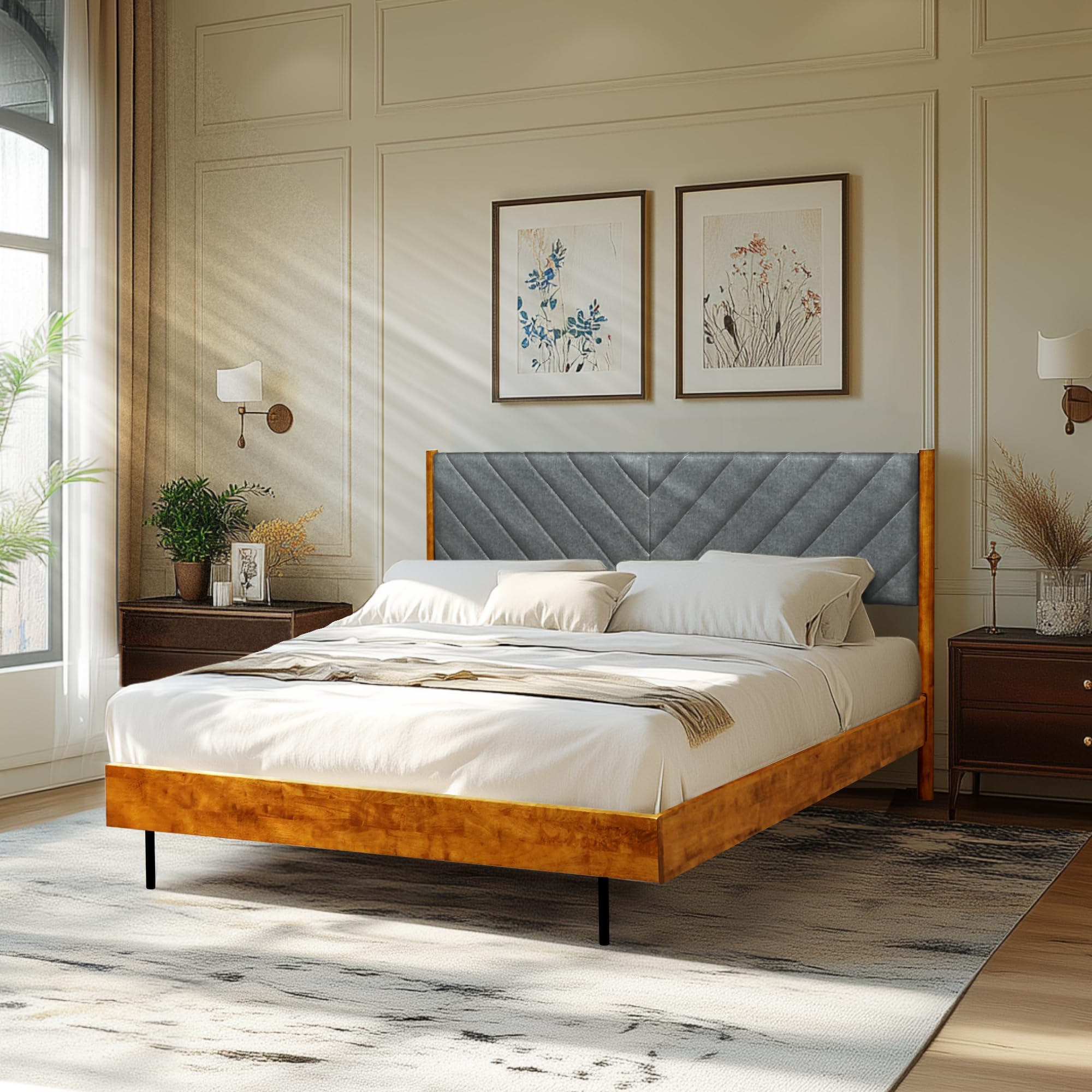 Acacia Astoria Solid Wood King Platform Bed Frame with Upholstered Headboard, Any Mattress Support, Noise-Free Slats Support, 30 Mins Assembly, Mid Century Modern Style, Walnut.