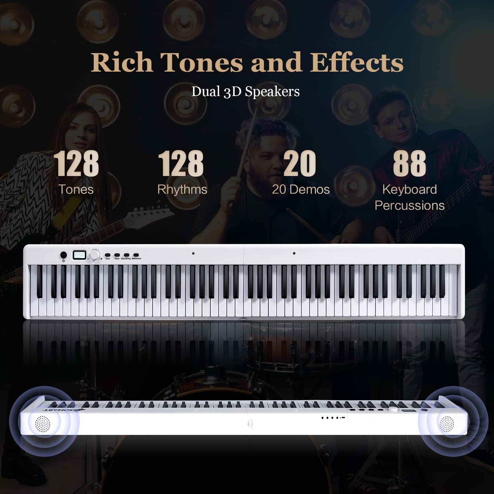 Costzon 88-Key Foldable Digital Piano Keyboard, Full Size Semi-Weighted Keyboard, Portable Electric Piano w/Lighted Keys, Support USB/MIDI, Speakers, Sustain Pedal & Carrying Bag for Beginner (White)