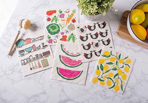 DII Swedish Dishcloths for Kitchen & Cleaning, Reusable, Machine Washable & Dishwasher Safe, Biodegradable, 7.75 x 6.75, Lemons, 3 Piece