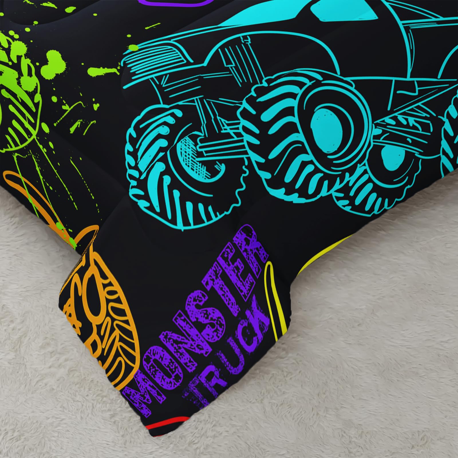 QOOMO Truck Comforter Set for Kids Teens Boys,Neon Truck Kids Comforter,1 Comforter with 2 Pillowcase, Microfiber 3 Piece Bedding Set,Soft and Lightweight(Black,Twin Size)