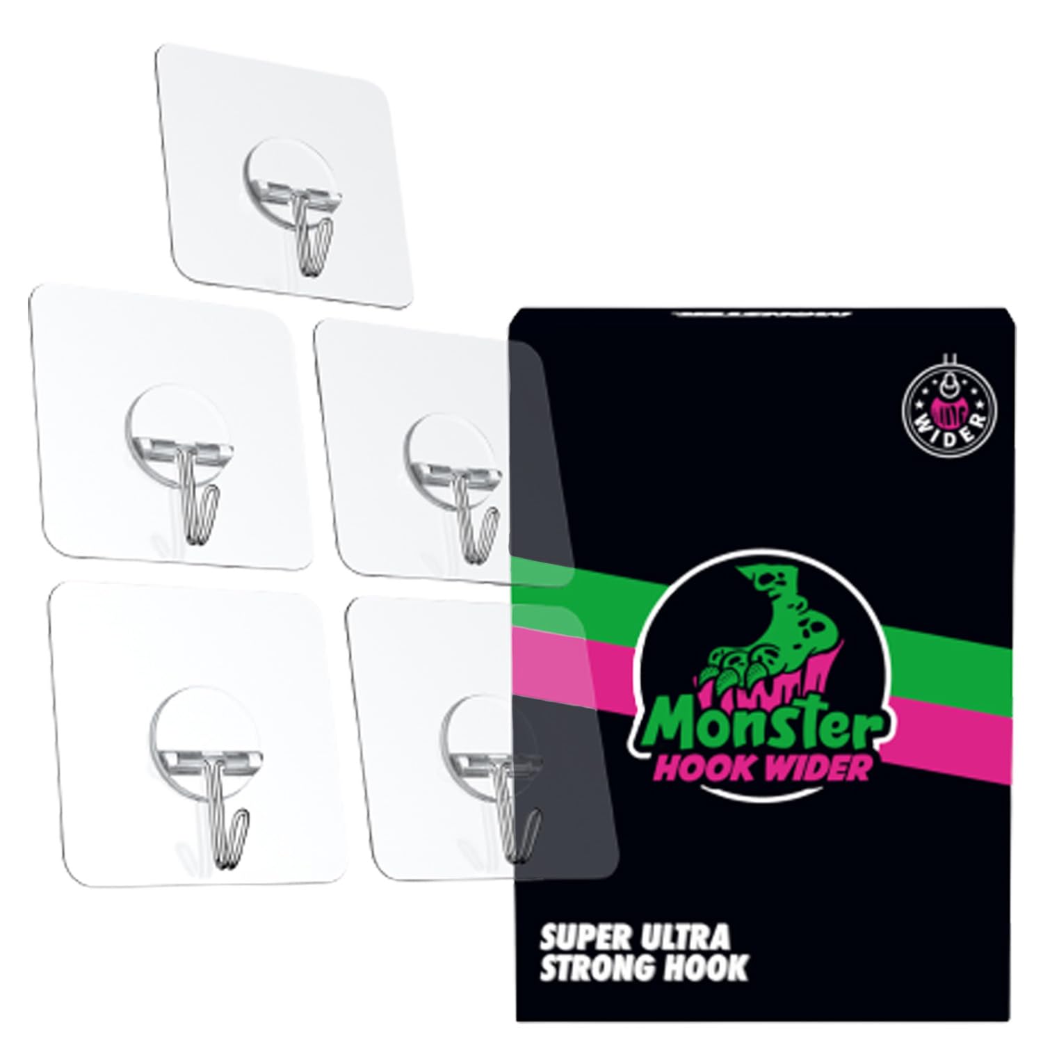 Baren Monster Crystal-Clear Heavy Duty Adhesive Hooks, Pack of 5 | Stainless Steel Hook | Heavy Duty Adhesive Performance | Super Strong Long Lasting Attachment | Exceptional Adhesive Strength