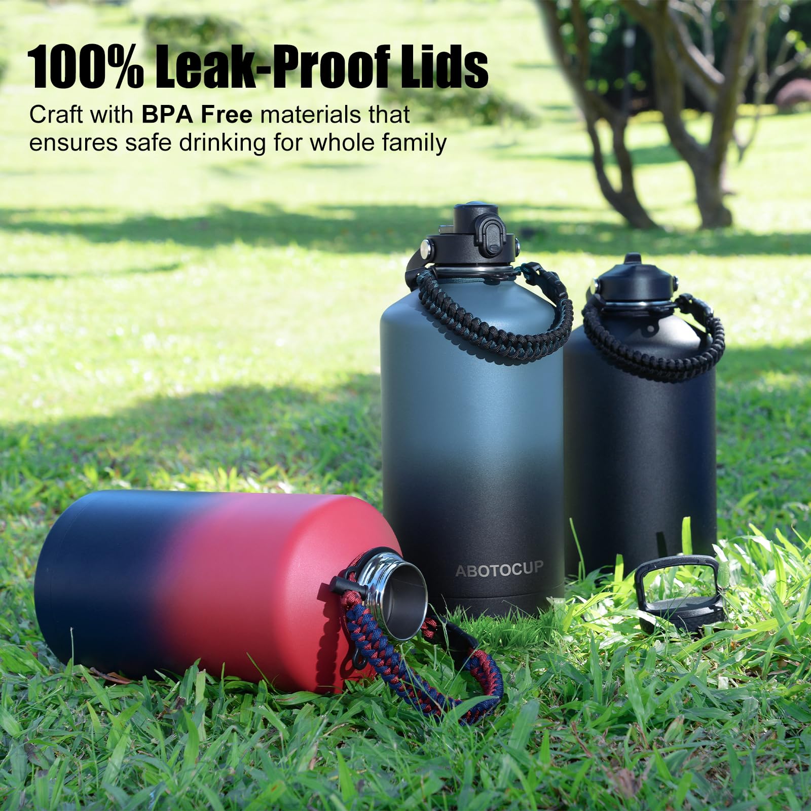 ABOTOCUP 1 Gallon Water Bottle Insulated with Powder Coated, Water Jug 1 Gallon with Straw Lids&Paracord Handle, 128 oz Water Bottle Double Wall Leak-proof BPA Free, Keep Cold-24H & Hot-12H