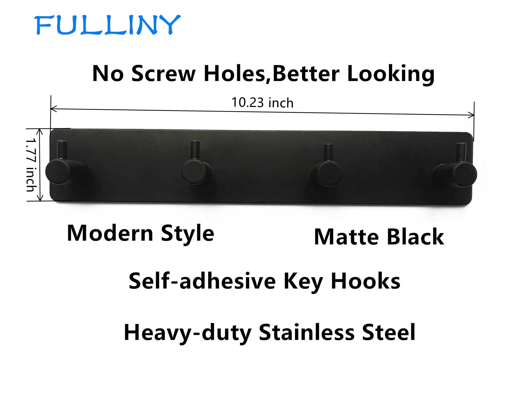 FULLINY Key Hooks for Wall Apartment Decor Adhesive Key Holder for Wall Decor with 4 Key Hooks,No Screw Holes Key Rack for Wall,Stainless Steel Heavy Duty Adhesive Hooks for Hanging,Black