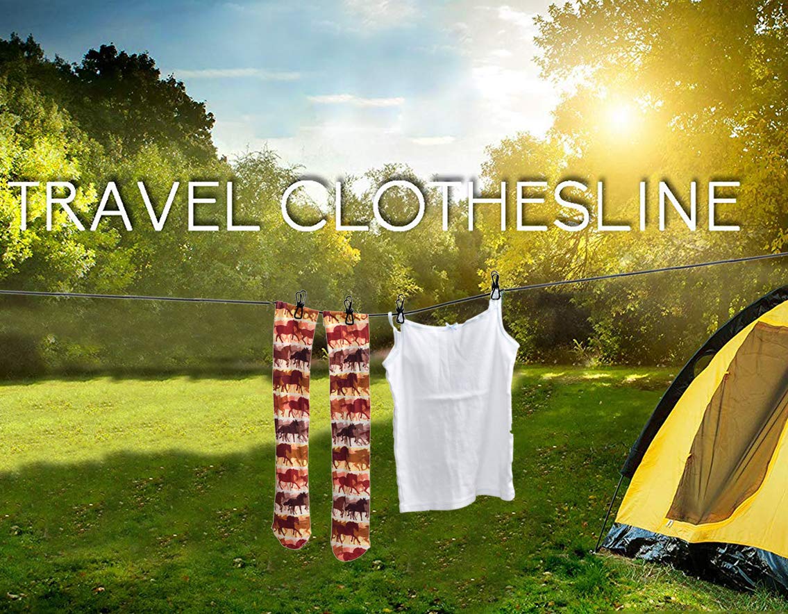 Home-X Portable Travel Bungee Clothesline 10pcs Clothespin, Travel Elastic Clothesline Camping Clothes Lines Adjustable Clothes Rope Portable Clothesline with Clips for Outdoor Wind-Proof Clothesline