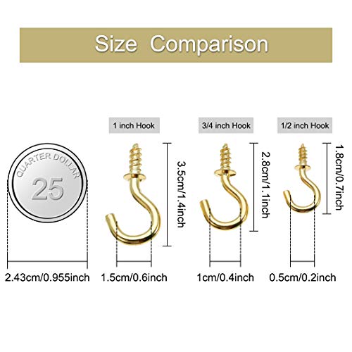 LANSEYQO Mini Ceiling Screw Hooks, 50 Pcs (1/2 inch) Hanging Cup Hooks Brass Plated Screw-in Hooks for Hanging Plants Mug Arts Decorations, Gold