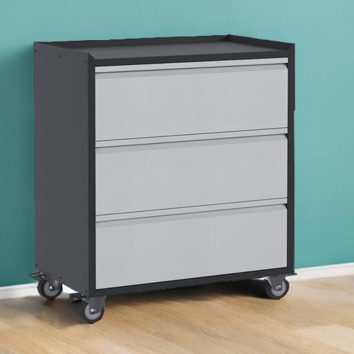Aobabo Steel Wheeled Lockable Tool Box Supply Cabinet Organizer with 1 Drawer, 2 Adjustable Storage Shelves for Home, Office, and Garage, Black