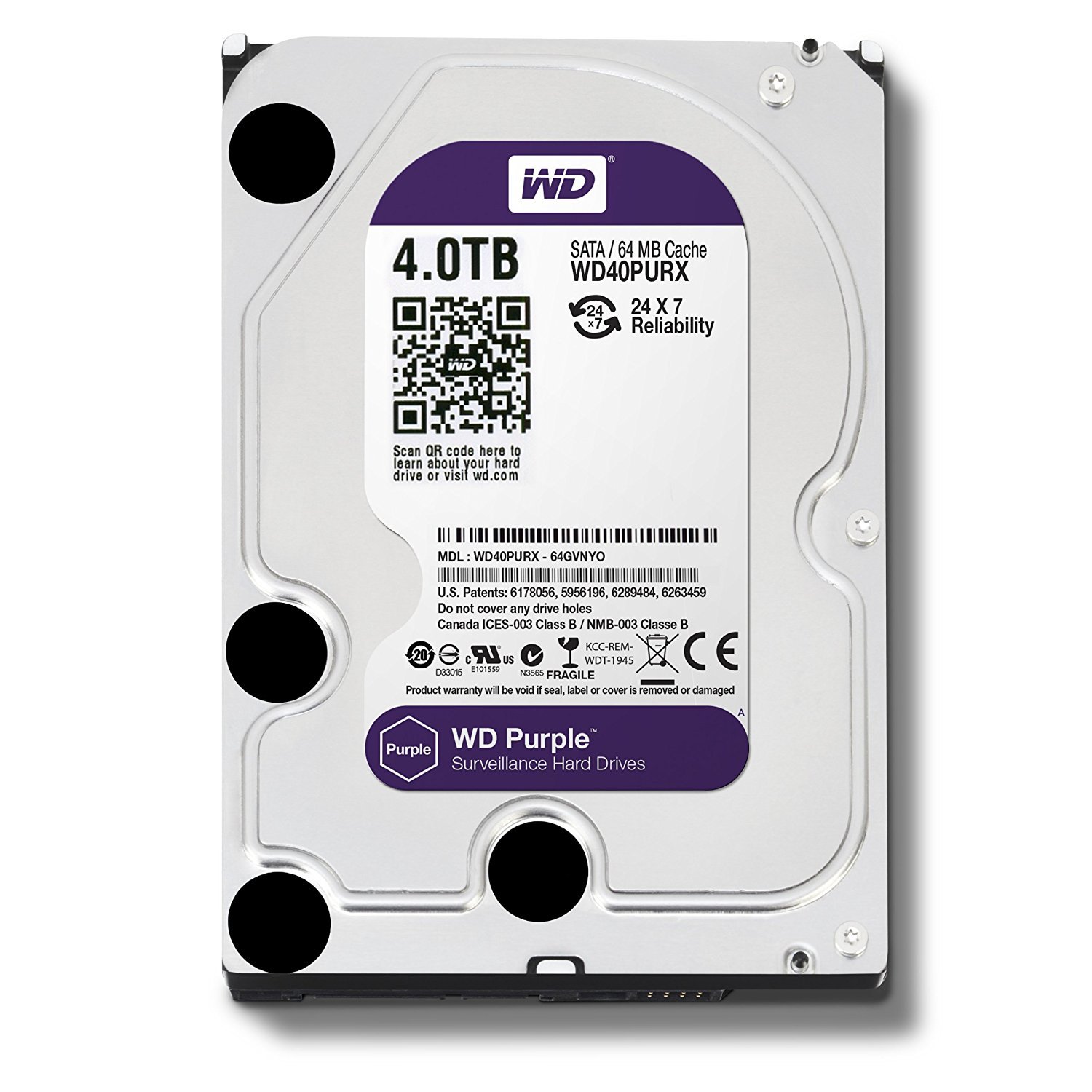 WD Purple 4TB Surveillance Hard Disk Drive - 5400 RPM Class SATA 6 Gb/s 64MB Cache 3.5 Inch - WD40PURX (Renewed)