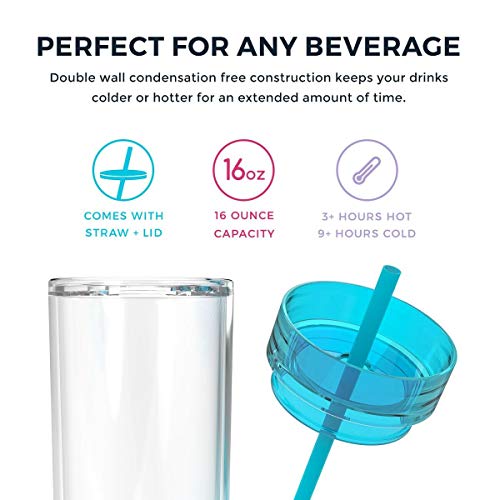 Maars Drinkware Double Wall Insulated Skinny Acrylic Tumblers with Straw and Lid, 16 oz. (4 pack, Clear)