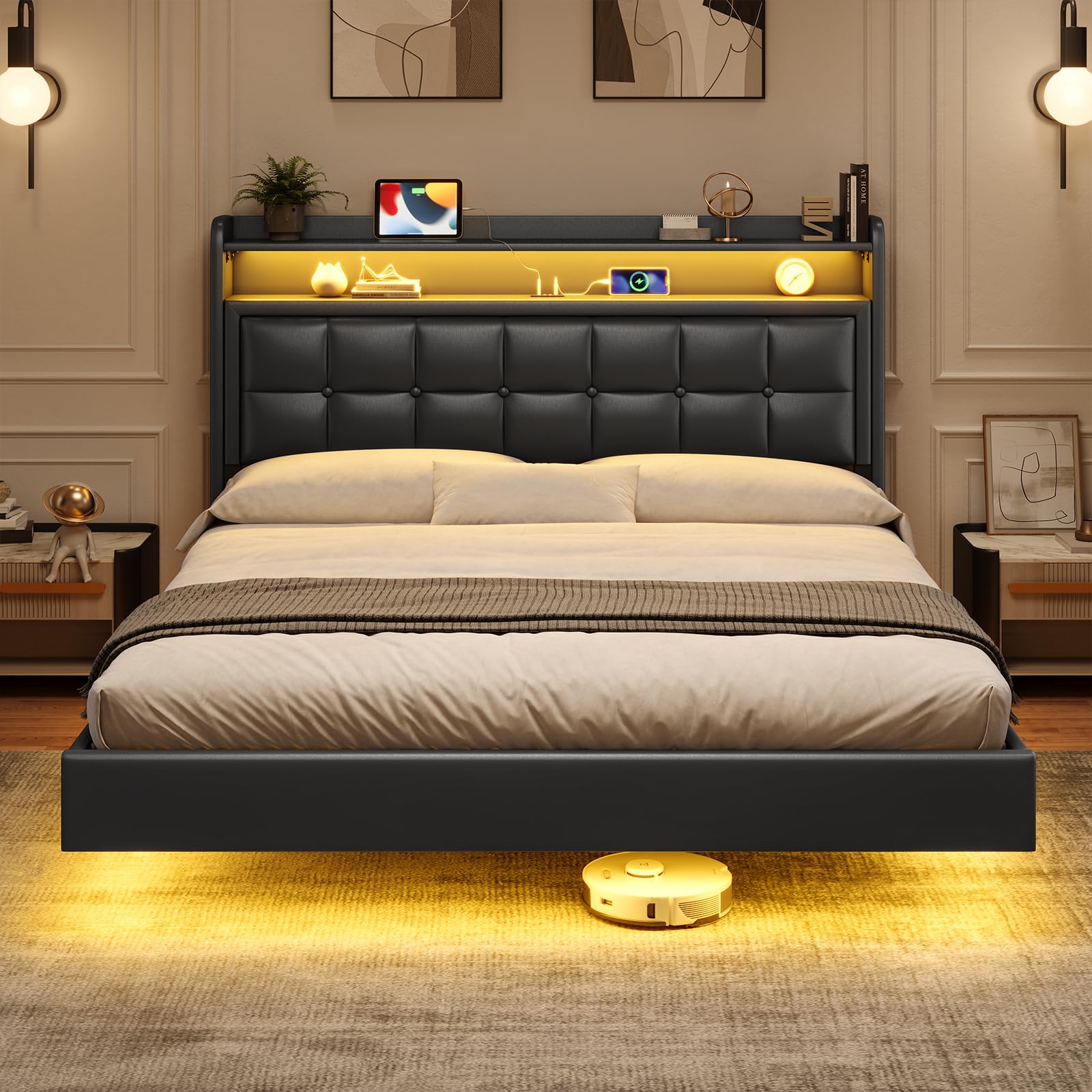 AOGLLATI Floating Bed Frame Twin Size with Storage Headboard,Upholstered Leather Black Led Twin Bed Frame with Charging Station & Led Light and Strong Structure, No Box Spring Needed, Black