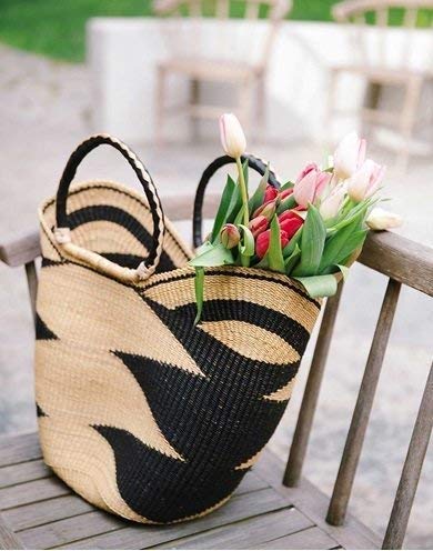 Large Yikene Ghanaian Wing U-Shopper - Ghana Bolga Basket Fair Trade - 16"-19" Across (Black & Tan)