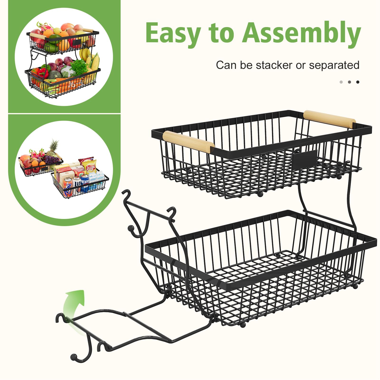 Astrorhine 2 Tier Fruit Basket for Kitchen with 2 Banana Hangers, Detachable Metal Wire Fruit Bowl for Kitchen Counter, Large Capacity Fruit Vegetables Storage Stand Holder for Snack Fruit Veggies