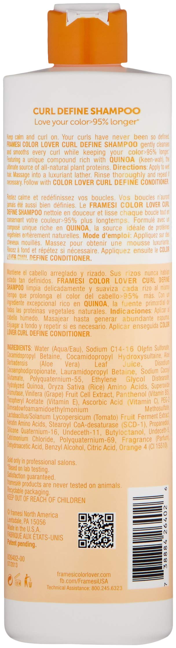 Framesi Color Lover Curl Define Shampoo, 16.9 fl oz, Shampoo for Curly Hair with Quinoa and Aloe Vera, Color Treated Hair