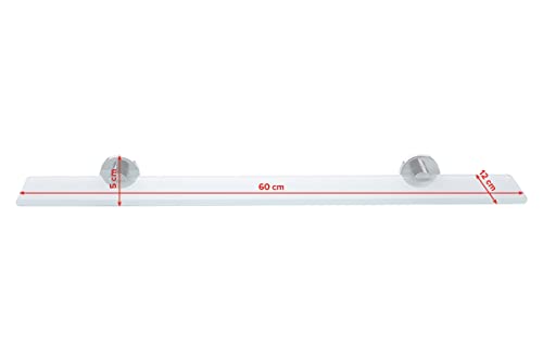 tesa SMOOZ Glass Bathroom Shelf - No Drill Shelf Made of Satined Glass and Chrome-Plated Metal - Stainless - Waterproof - Includes Removable Adhesive Solution, 121 mm x 600 mm x 50 mm