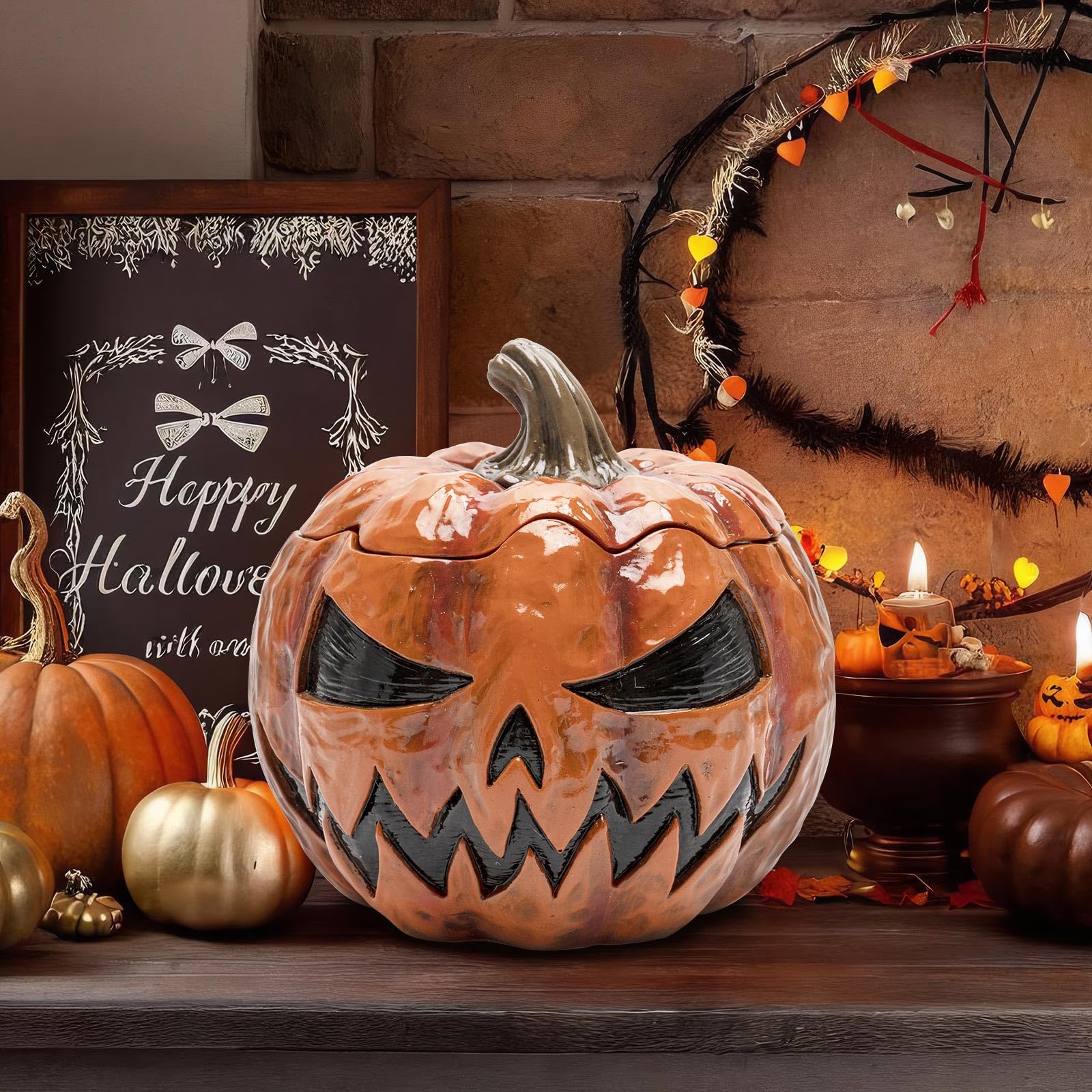 Bechivie Halloween Cookie Jar With Lid, 7.3x7inchs Resin Fall Thanksgiving Pumpkin Candy Bowl Dish With Double Sided Face, Small Halloween Food Snack Storage Containers