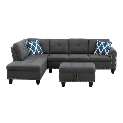Devion Furniture Polyester Fabric Sectional Sofa with Lift-top Storage Ottoman, Tufted Design, in Gray Finish