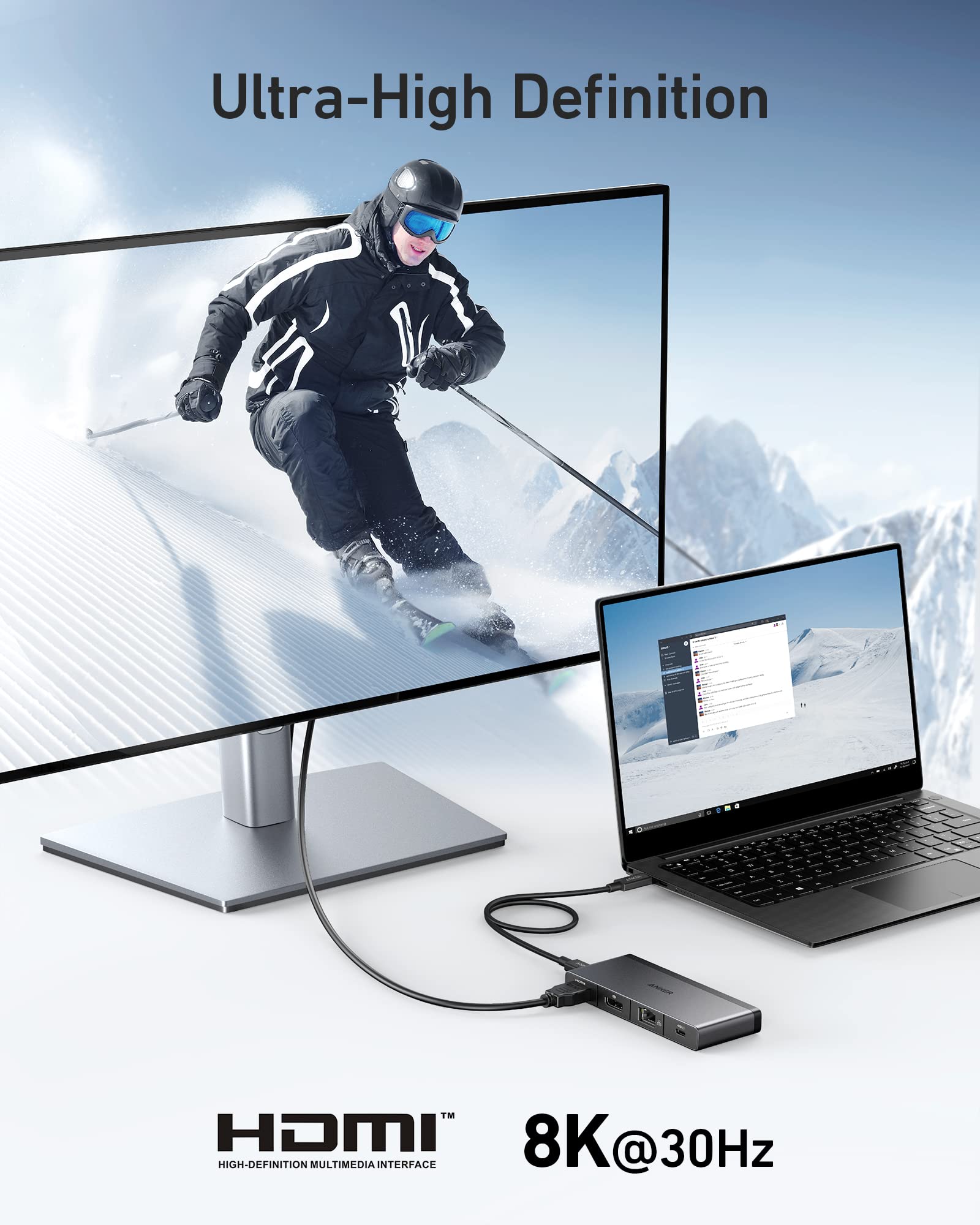 Anker USB C Hub, 556 USB-C Hub (USB4, 8-in-1) with 1.6ft USB4 Cable, 10 Gbps USB-C and USB-A Data Ports, 8K HDMI and DisplayPort Powerline II USB-C to USB 3.1 Gen2 Cable (3ft)