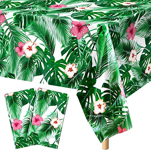 durony 2 Packs Hawaii Palm Leaves Plastic Tablecloths Table Cover 54 x 108 Inches Plastic Hawaii Luau Party Table Cloth Cover for Hawaii Luau Birthday Summer Tropical Party Supplies