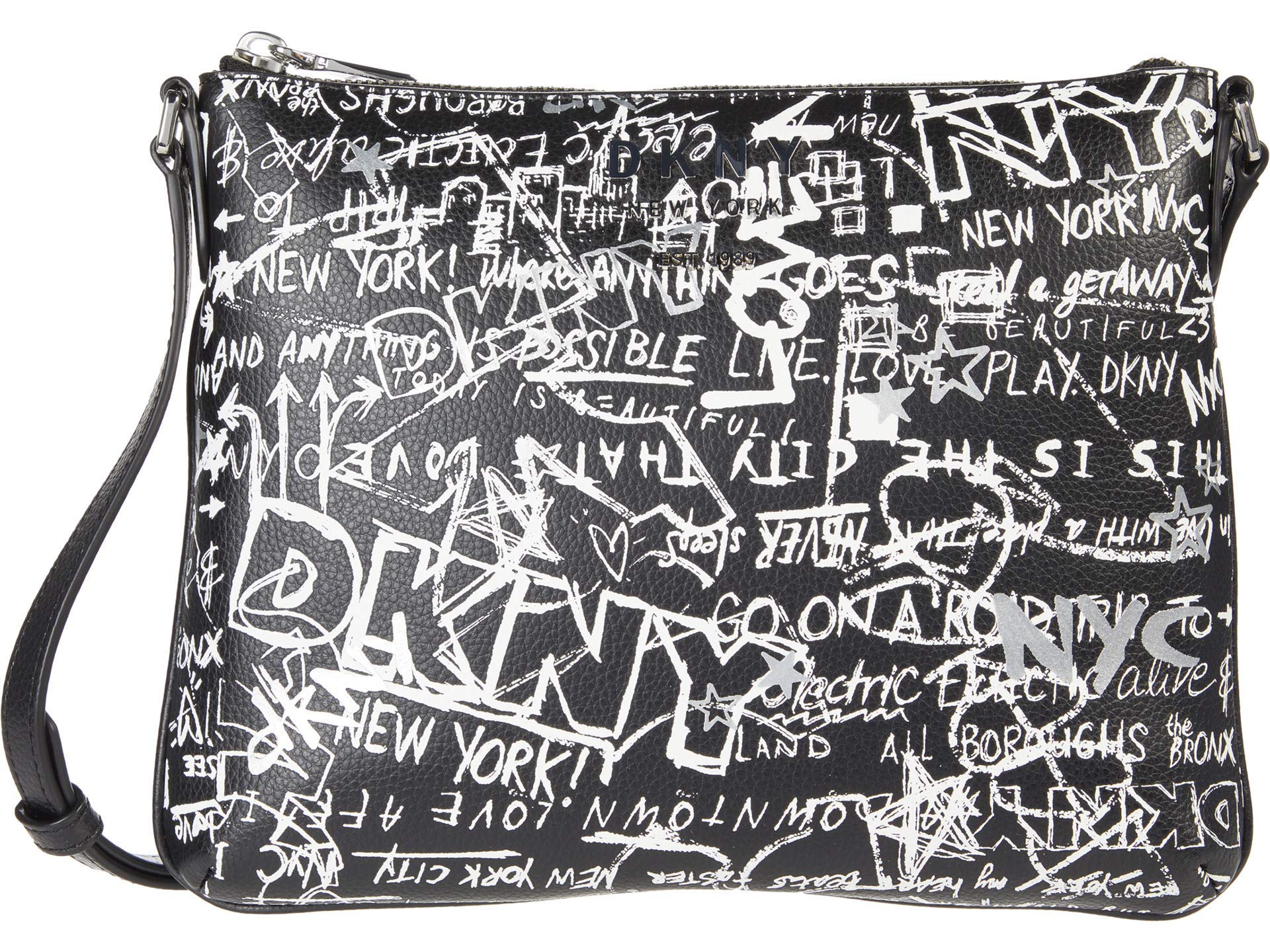 DKNY Erin Top Zip Crossbody Black/White Street Graffiti One Size