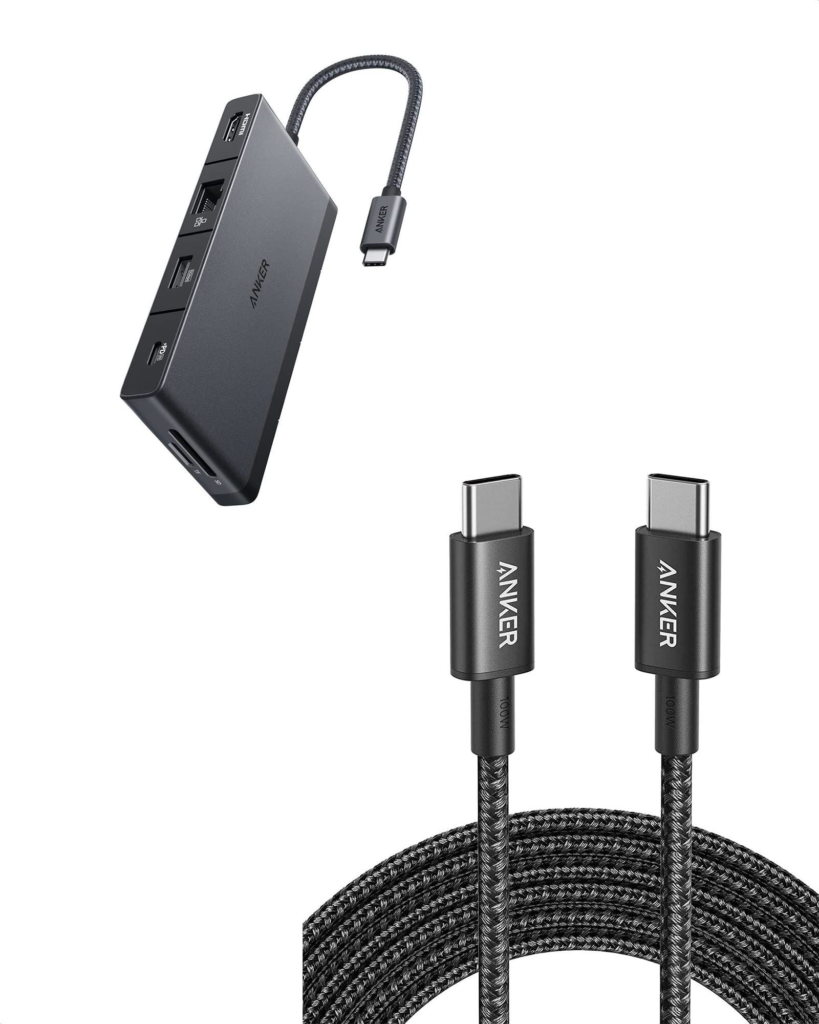 Anker USB C Hub, 552 USB-C Hub (9-in-1, 4K HDMI) with 100W Power Delivery, 4K@30Hz HDMI, 4 USB-C and USB-A Data Ports, Ethernet and SD/microSD Card Slot & New Nylon USB C to USB C Cable 100W 10ft