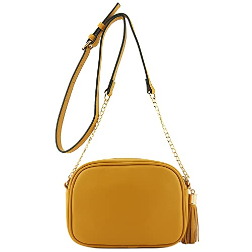 FashionPuzzle Chevron Quilted Crossbody Camera Bag with Chain Strap and Tassel (Mustard) One Size