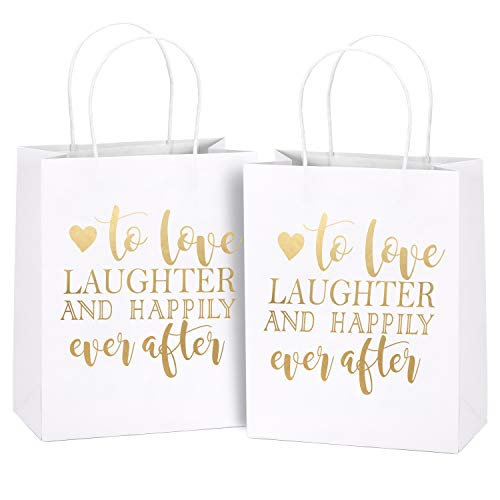 LaRibbons Medium Size Gift Bags - Gold Foil to Love Laughter and Happily Ever After White Paper Bags with Handles for Wedding, Birthday, Baby Shower, Party Favors - 12 Pack - 8" x 4" x 10"