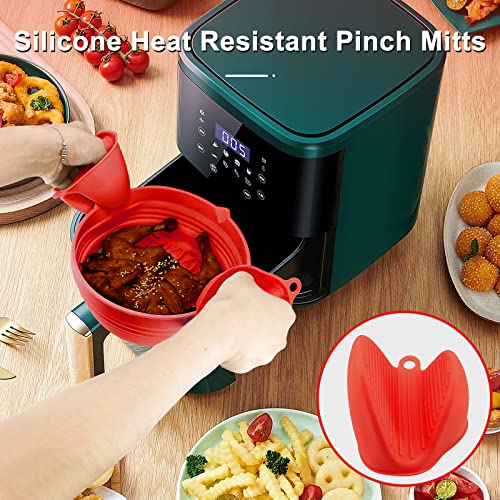 Air fryer Silicone Liners Reusable, 7.5IN Air Fryer Silicone Pot, Foldable Silicone Air Fryer Basket with Silicone Oven Mitts (Red)