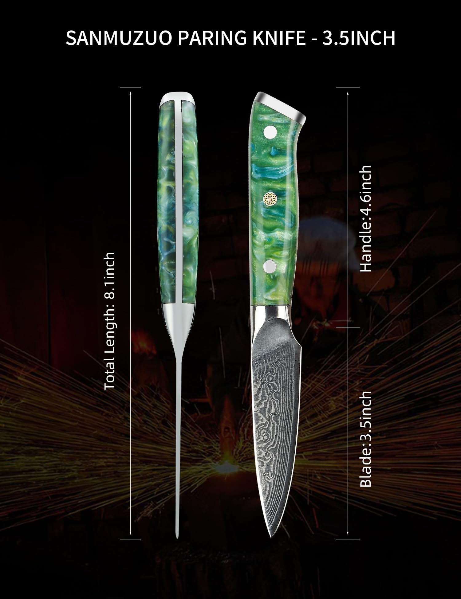 SANMUZUO 3.5 Inch Paring Knife - Kitchen Fruit Vegetable Knife Damascus Steel & Resin Handle - XUAN Series (Jade Green)