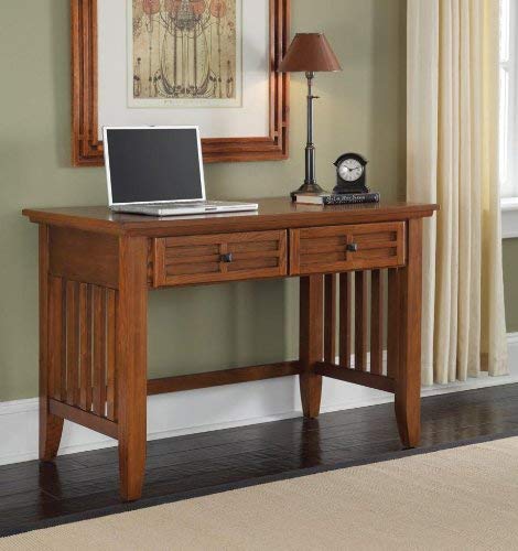 Home Styles Arts and Crafts Mission Style Student Desk Crafted from Hardwoods with Cottage Oak Finish, Black Finished Hardware, Slightly Flared Legs, Two Storage Drawers, Without Hutch