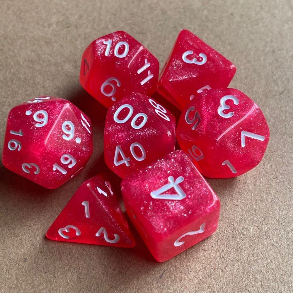 7 Pcs Colorful Glitter DND Polyhedral Dice, Acrylic Dice Durable Dice for Table Games, Role Playing, Family Party Favor(Glitter Pink)