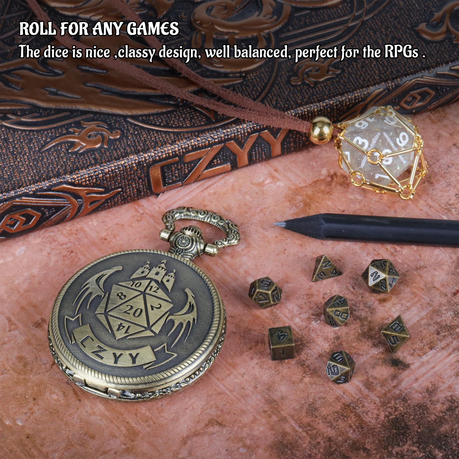 DND 6mm Micro Polyhedral Dice Set with Pocket Watch Shell Case Perfect for Dungeons and Dragons, Tabletop RPG and Cards Board Games (Bronze)