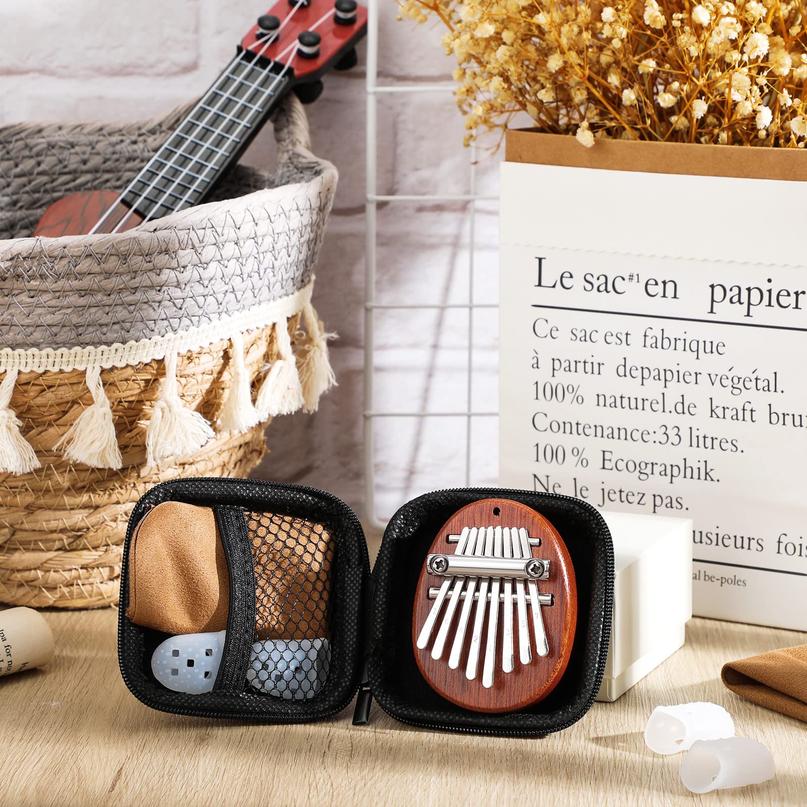 7 Pieces 8 Keys Mini Kalimba Piano Set, Mini Finger Thumb Piano with Lanyard Chain, Finger Protector and Cleaning Cloth for Kids and Adults Musical Beginners Pendant Gift (Drop Style)