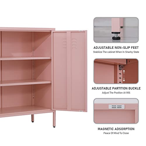 LINGZOE 2 Door Pink Metal Locker Storage Accent cabinets with Doors and Shelves, Steel Cupboard lockers for Kids Bedroom
