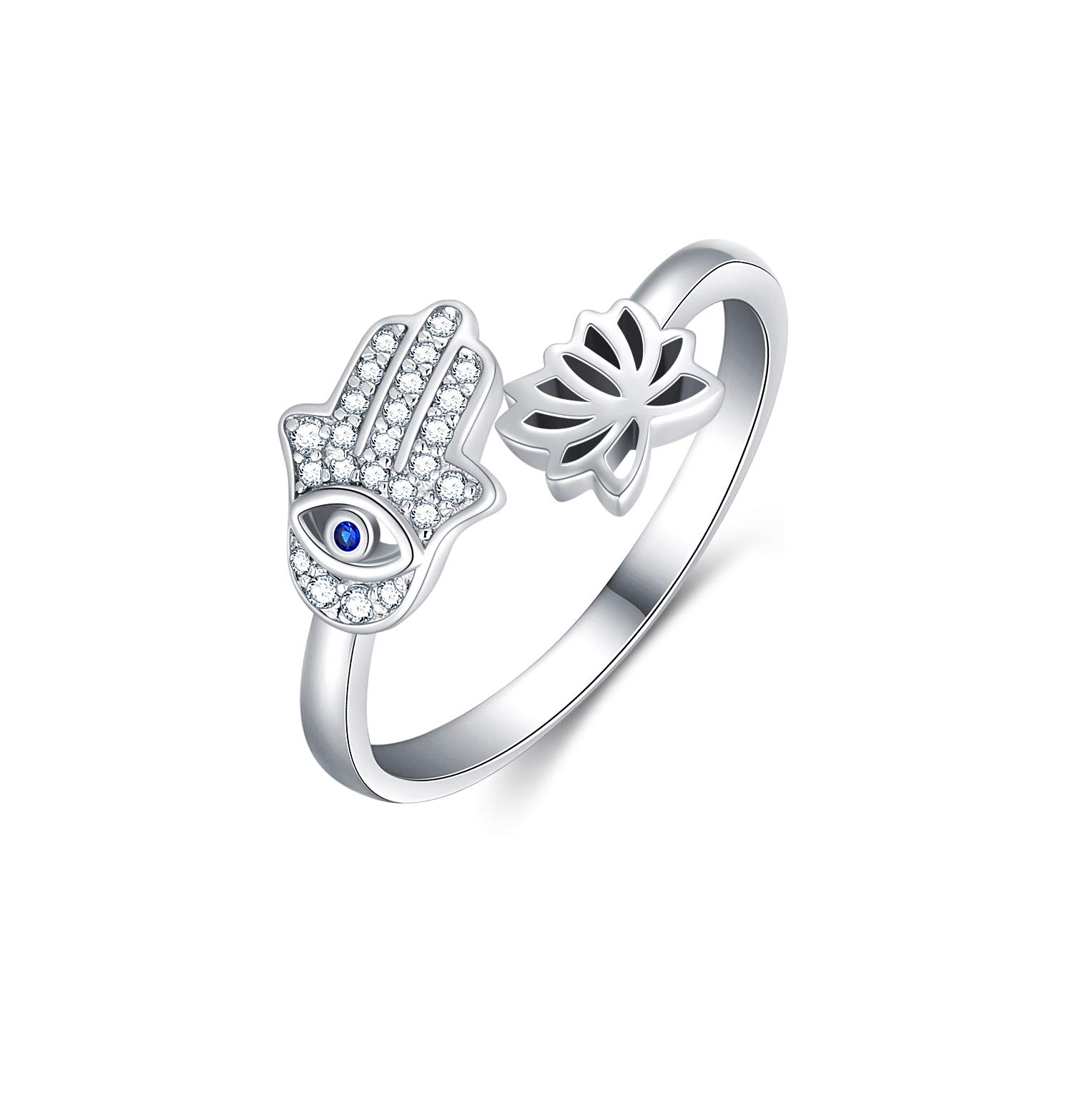 925 Sterling Silver Hamsa Hand of Fatima & Lotus Ring Evil Eye Adjustable Open Ring Jewelry Gift for Women (10)