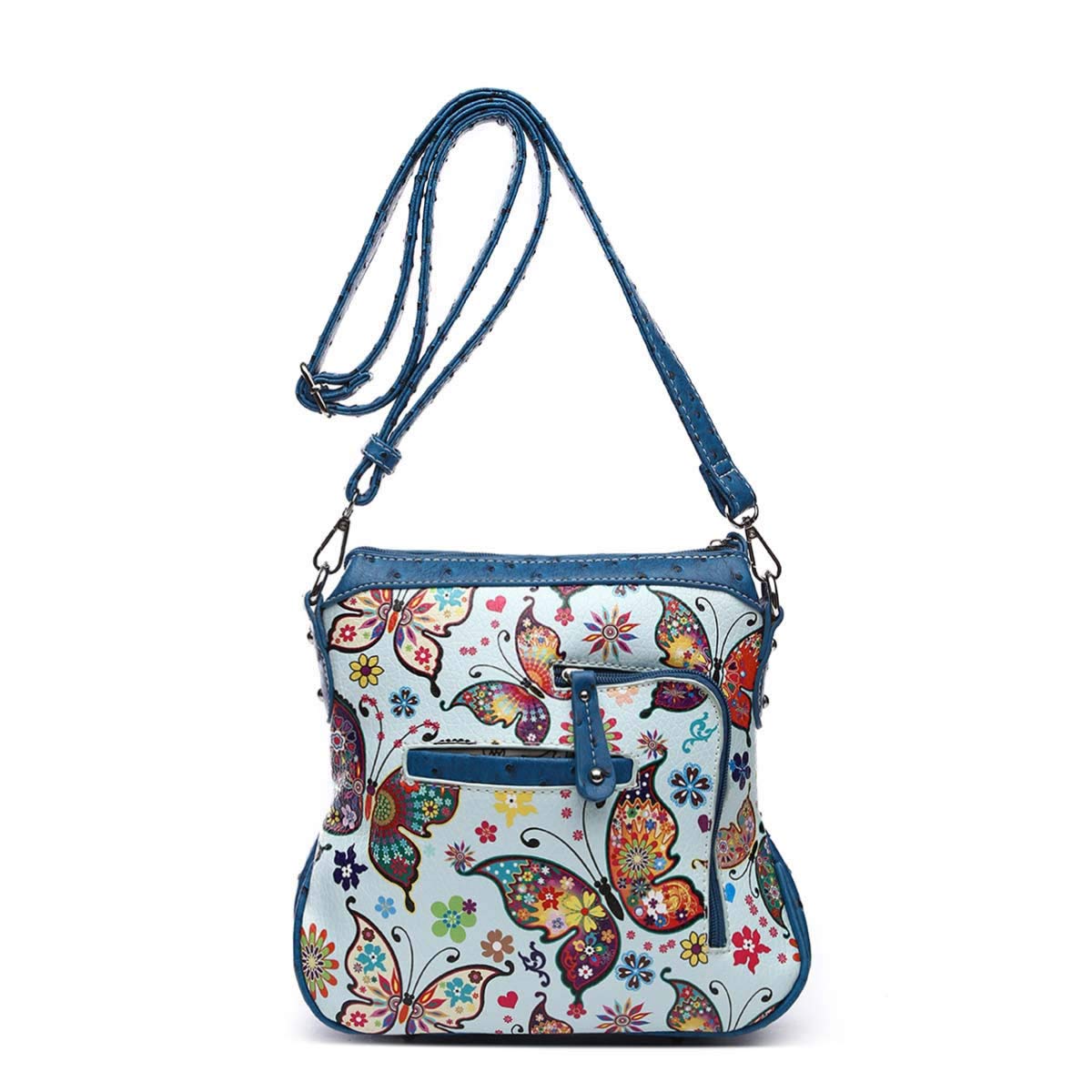 Butterfly Flower Concealed Carry Purse Women Spring Rhinestone Crossbody Handbags Single Shoulder Bag (Blue)