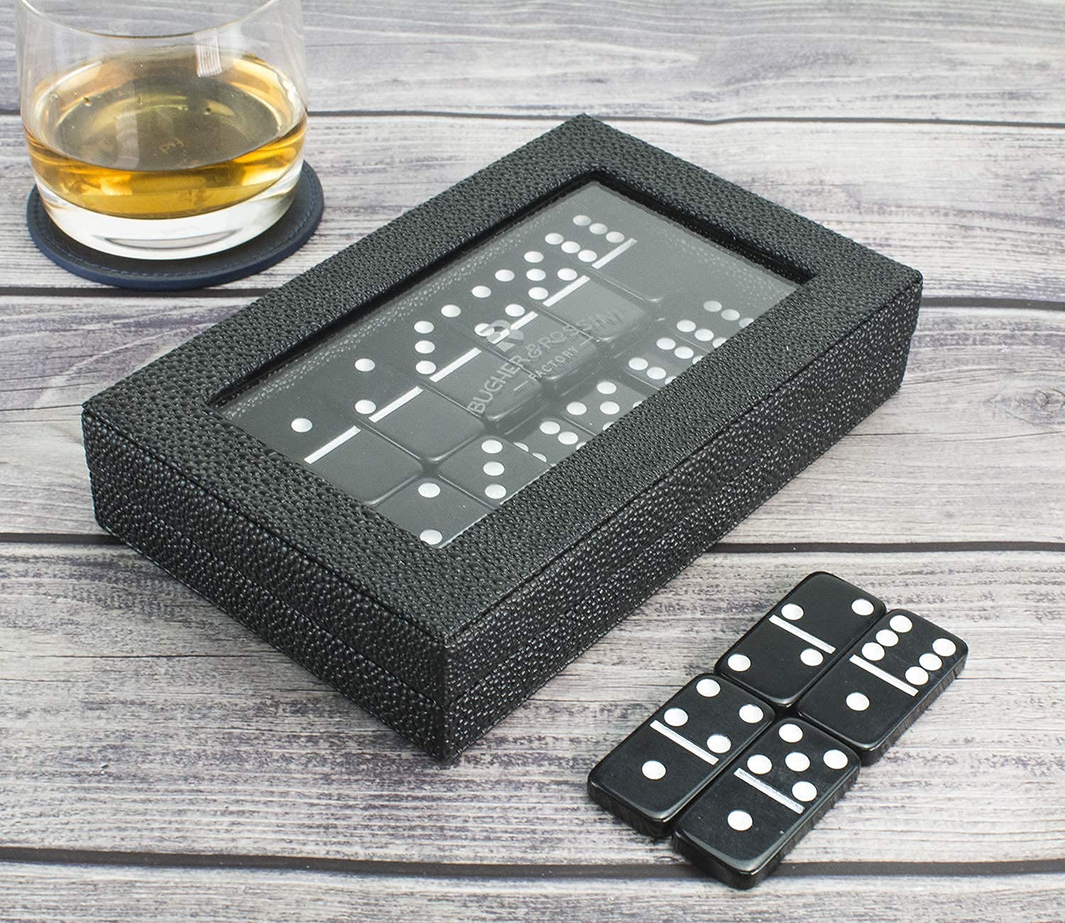 Bucher&Rossini Dominoes Set Double 6, Strong Magnetic Leather Case Dominoes Board Game for Holiday Party Family Game Night