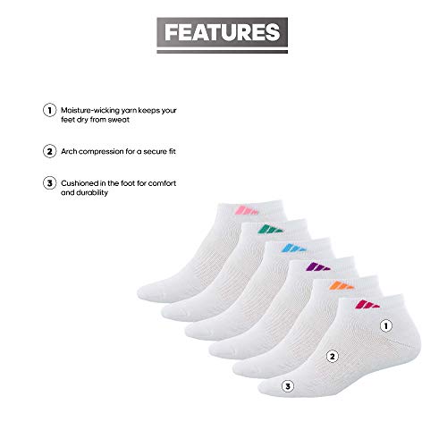 adidas Women's Athletic Cushioned Cut Socks (6-Pair) Low Profile Arch Compression for a Secure Fit, White/Shock Pink/Bright Cyan, Medium