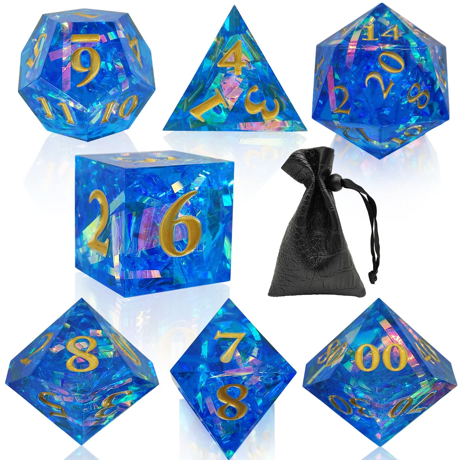 DND Dice Set MTG D&D Apply to Dungeons and Dragons RPG D20 Polyhedral Math Board Game Sharp Edges Galaxy Resin Dice Accessories Gifts Bag-Blue