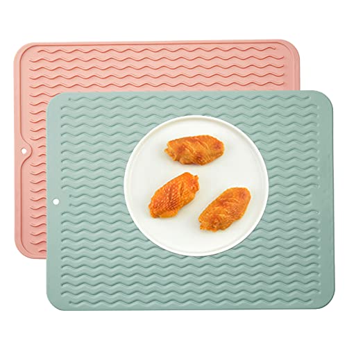 Dish Drying Mat, 2 Pack Silicone Drying Mat for Kitchen Counter, 16x12 Inches Dish Mat, Easy Clean Eco-friendly, Heat-resistant Mat (Pink+Green)