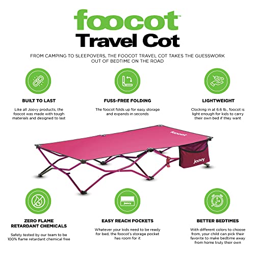 Joovy Foocot Travel Cot Featuring a Steel Frame and Tough Polyester Fabric, Storage Pocket, and Easily Folds into Included Travel Bag β Holds Kids Up to 48β Tall or 75 Lbs (Pink)