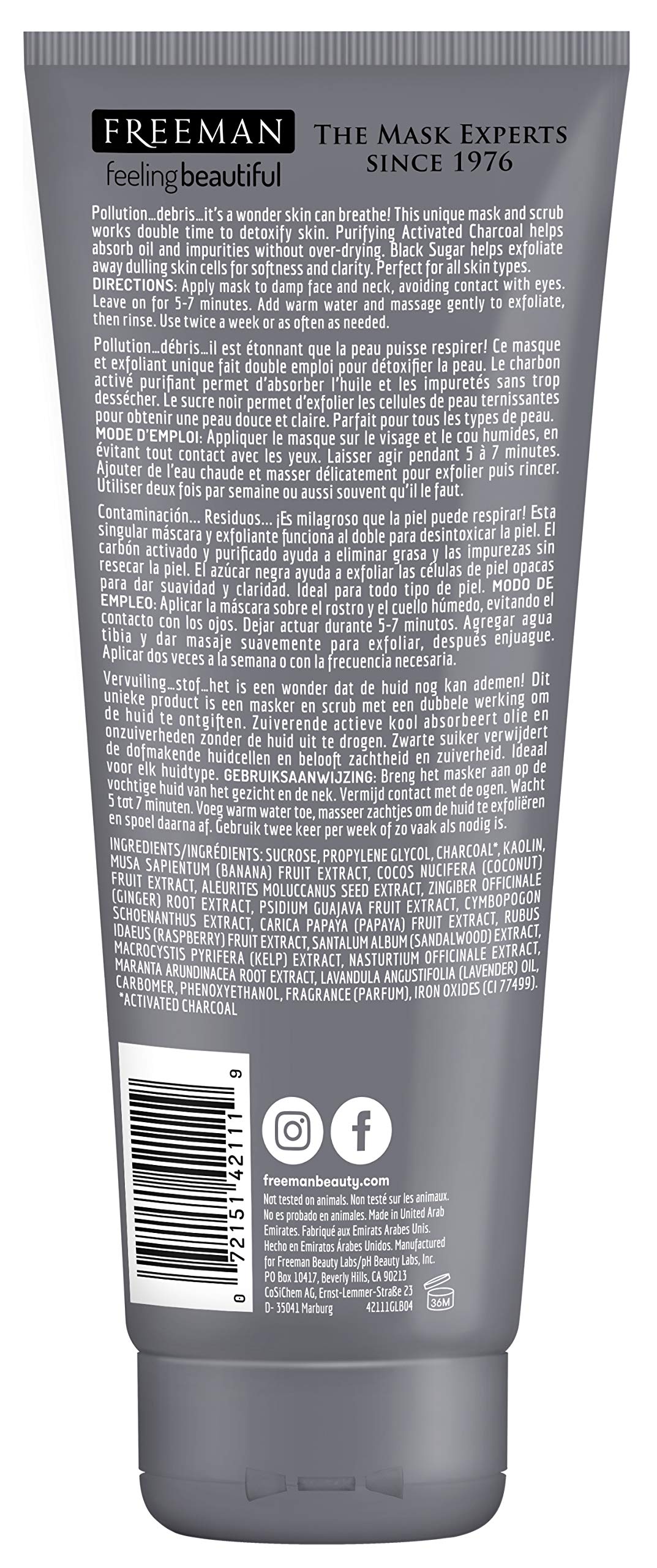 Freeman Feeling Beautiful Charcoal & Black Sugar Gel Mask and Scrub, 6-Ounce, 2 Count