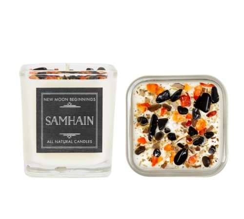 Samhain Halloween Candle by New Moon Beginnings - Fall Scented Pumpkin Candles - Herb & Crystal Candles - Soy Candle - Autumn Fall Candles
