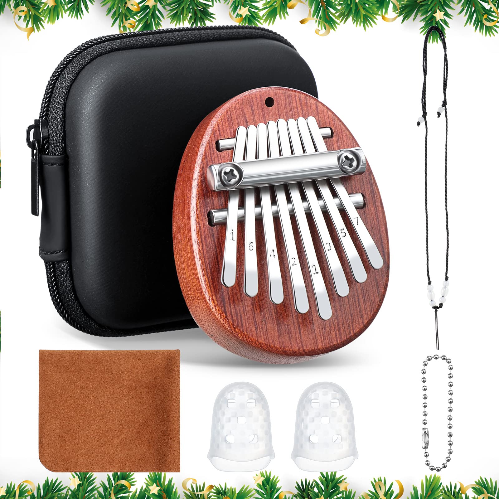 7 Pieces 8 Keys Mini Kalimba Piano Set, Mini Finger Thumb Piano with Lanyard Chain, Finger Protector and Cleaning Cloth for Kids and Adults Musical Beginners Pendant Gift (Drop Style)