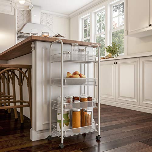 Lavish Home 4-Tiered Narrow Rolling Storage Shelves - Mobile Space Saving Utility Organizer Cart for Kitchen, Bathroom, Laundry, Garage or Office