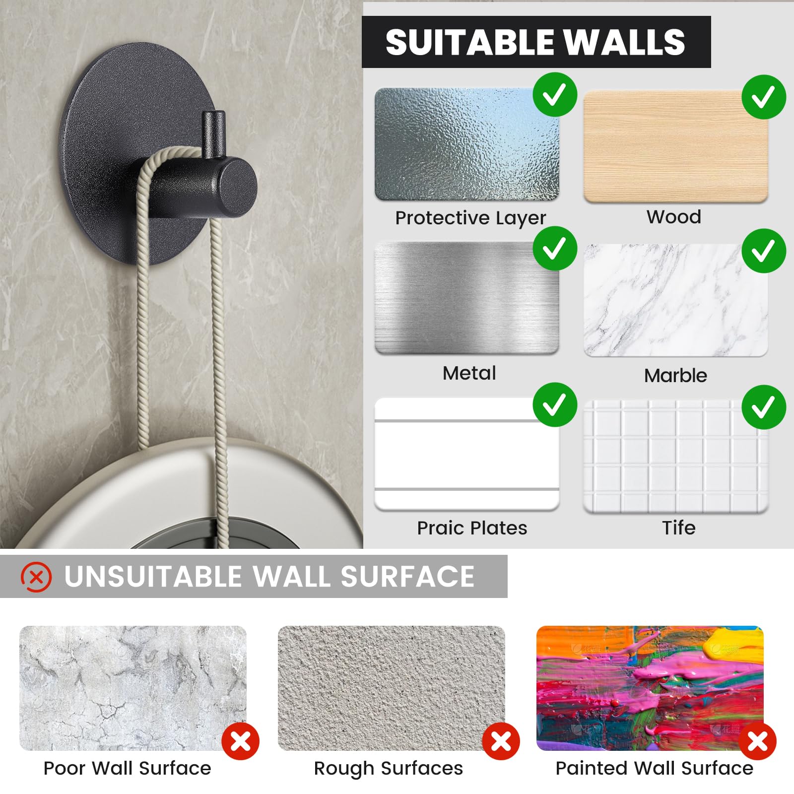 PIPUHA 2Pack Adhesive Towel Hooks, Black Matte Command Towel Hook Heavy Duty Waterproof Stainless Wall Hooks for Bathroom, Kitchen, Hotel, Pool, Coats