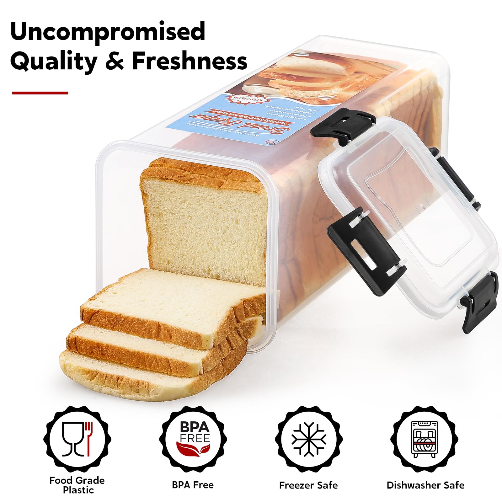 AOZITA Bread Box with Airtight Lid, Bread Storage Container, Bread Loaf Storage Dispenser, Plastic Sandwich Bread Keeper, Black Lid