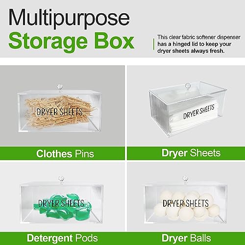 Acrylic Dryer Sheet Holder , Dryer Sheet Dispenser with Lid , Laundry Room Decor & Organization , ModernStyle Multi-Purpose Laundry Pods , Dryer Balls , Free pet hair remover for laundry