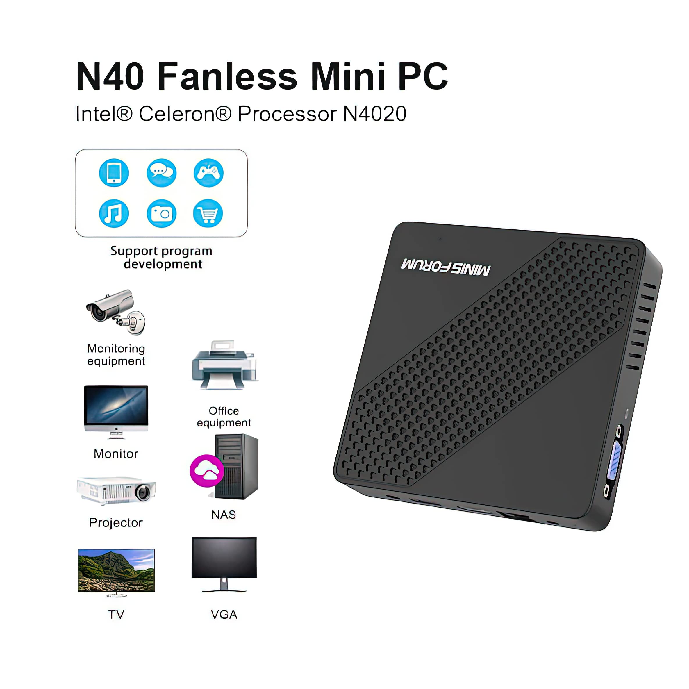 MINISFORUM N40 Mini PC Fanless Silent Desktop Computer 4GB RAM, 64GB eMMC Micro PC, Celeron N4020 up to 2.8GHz, 1000M LAN, HDMI&VGA, Support Auto Power On Mini Computer